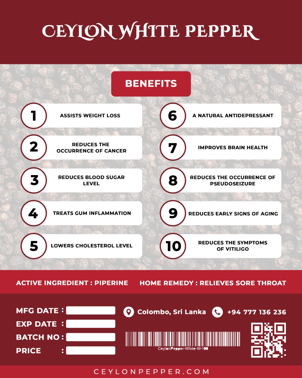 White Pepper Whole – Ceylon Pepper